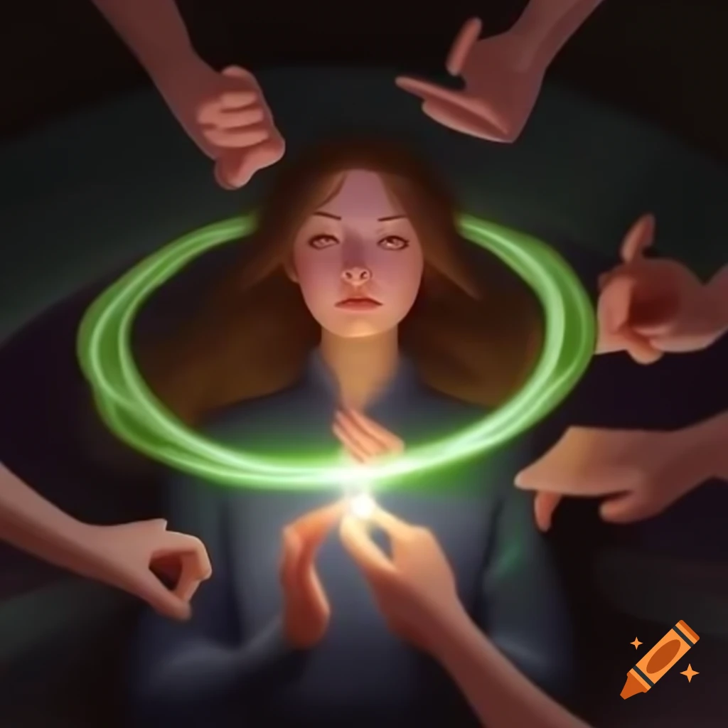 Woman drawing pulsating glowing boundary line in the air with calm ...