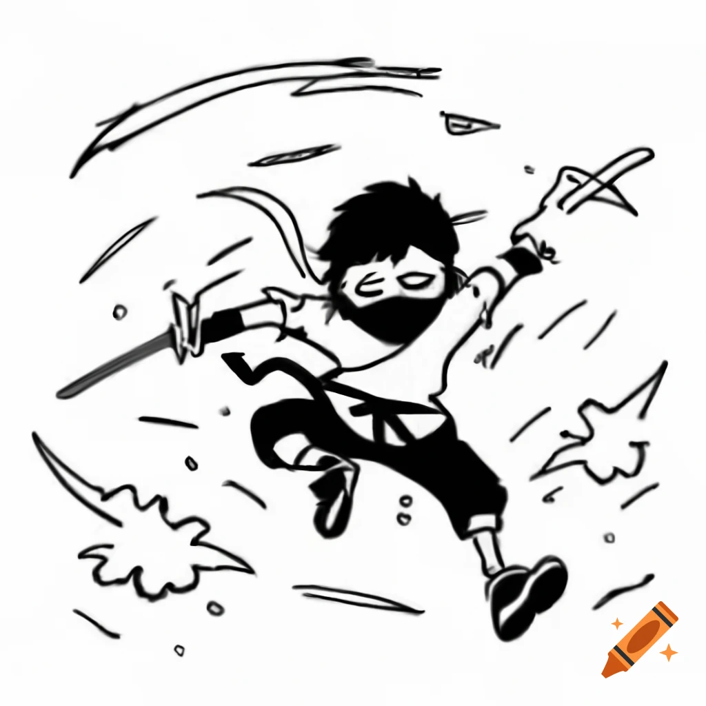 Child's drawing of a ninja boy performing a jump kick with samurai ...