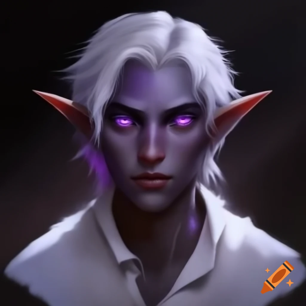 Portrait of dark grey elf with purple eyes and white hair in loose ...