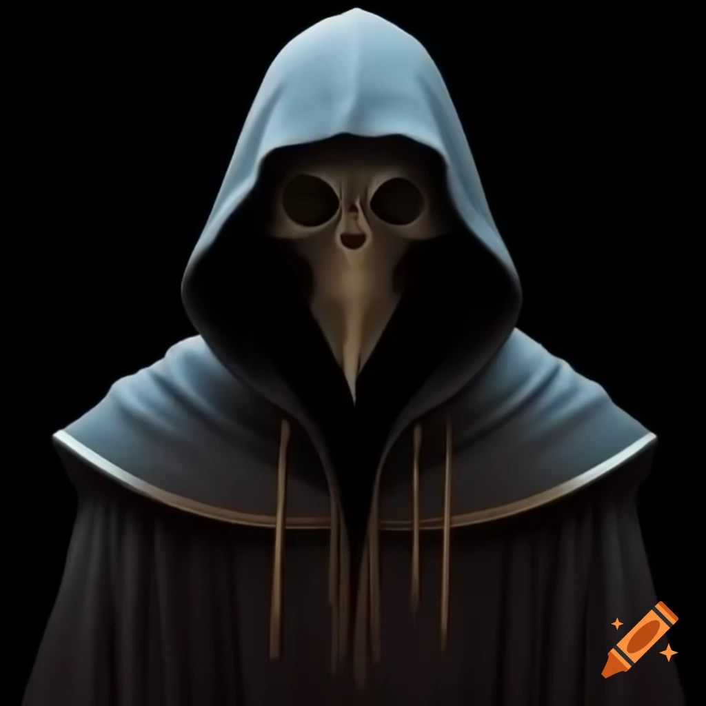 Hooded wizard gazing upwards against a black background on Craiyon