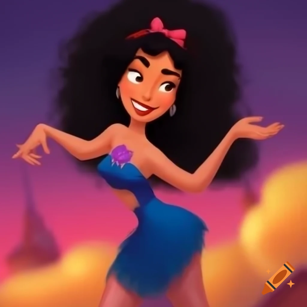 Selena Quintanilla dancing in Disney Pixar style cartoon on Craiyon