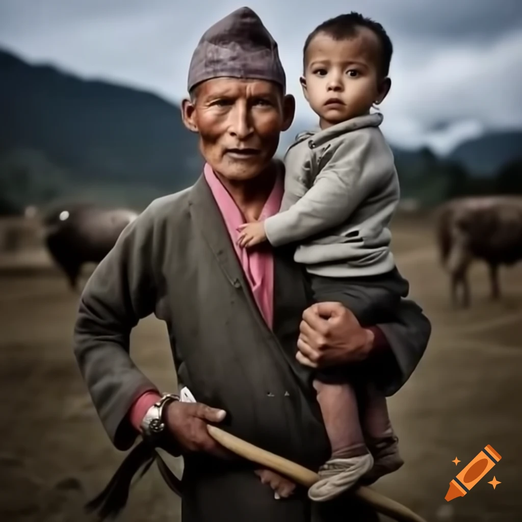 Nepali farmer in traditional attire with son during harvest with oxen ...