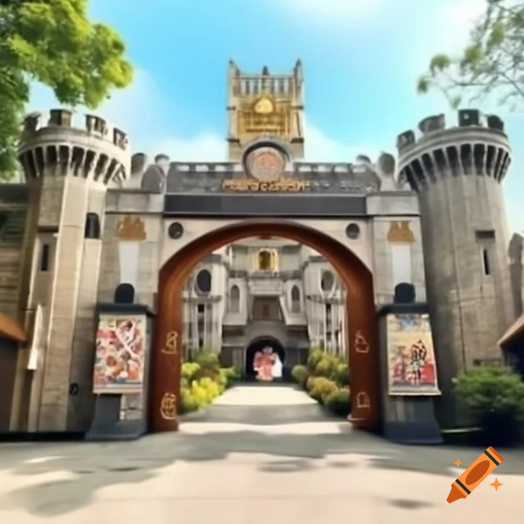 Grand castle entrance with tall stone walls and wooden gate featuring ...
