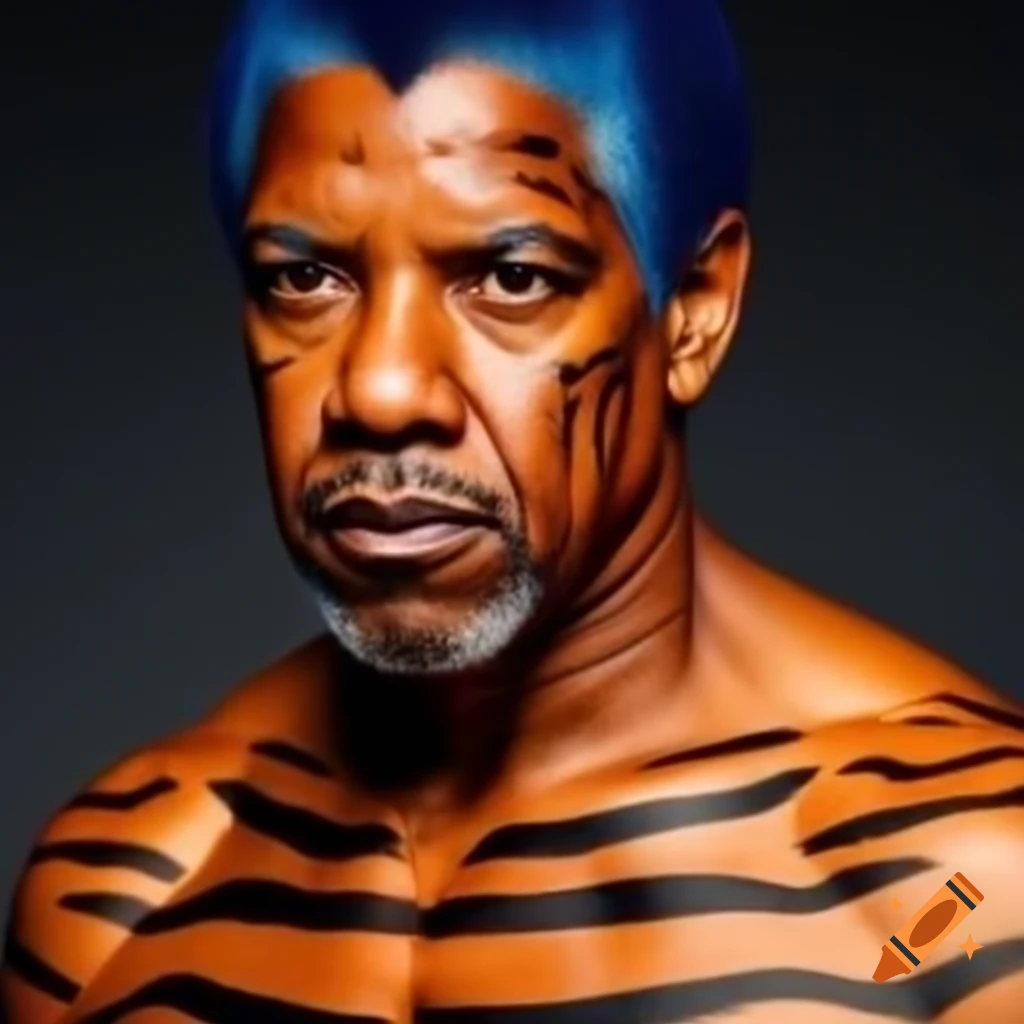 Muscular man with tiger-style makeup featuring blue hair and orange ...