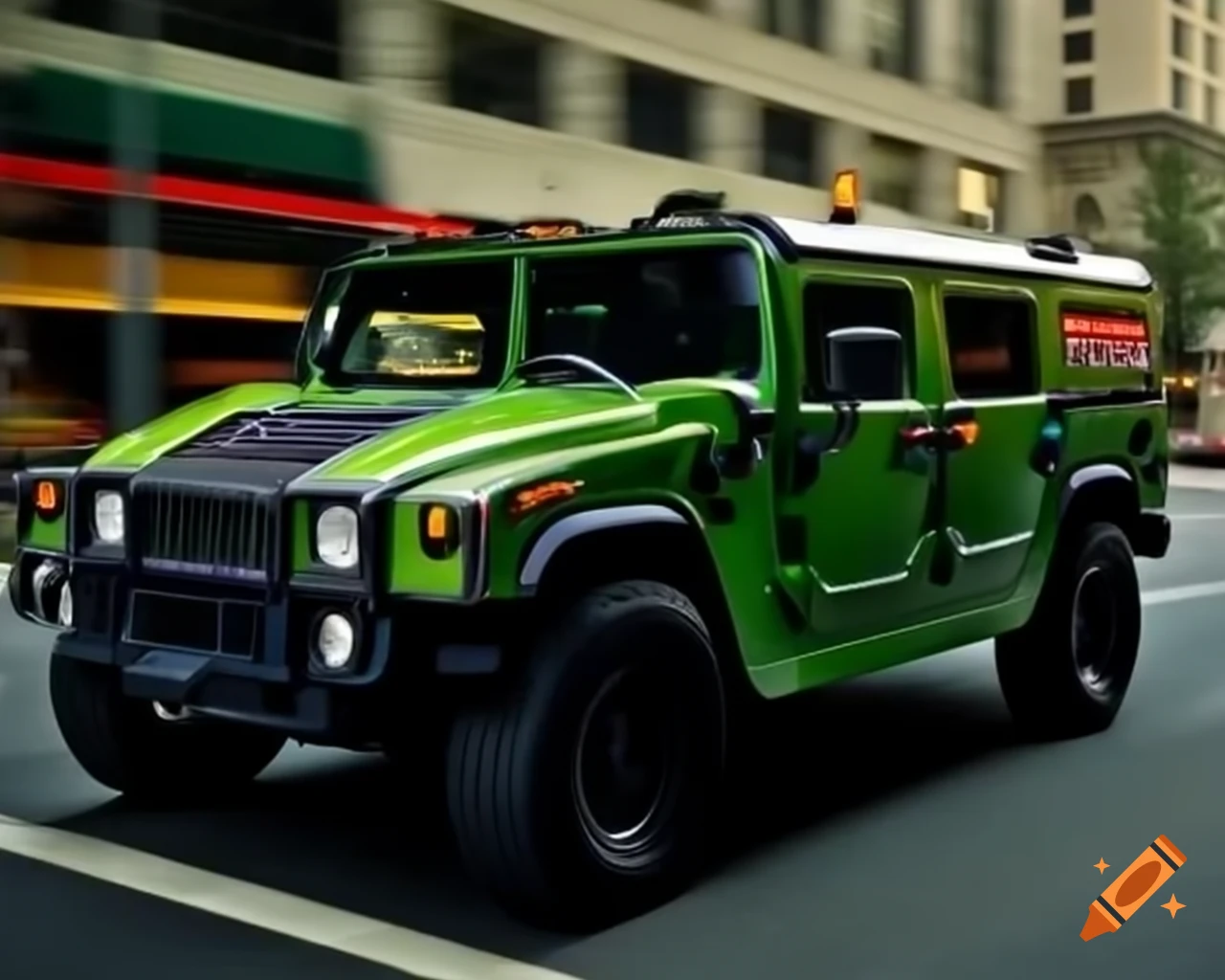 Modified green 2005 H1 Hummer driving fast through city on Craiyon