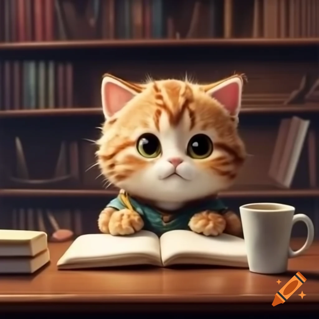Cute kitty studying in library with coffee on table on Craiyon