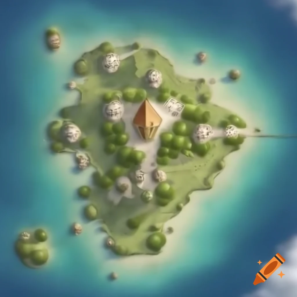 Aerial fantasy map of a square island featuring a mountain resembling ...