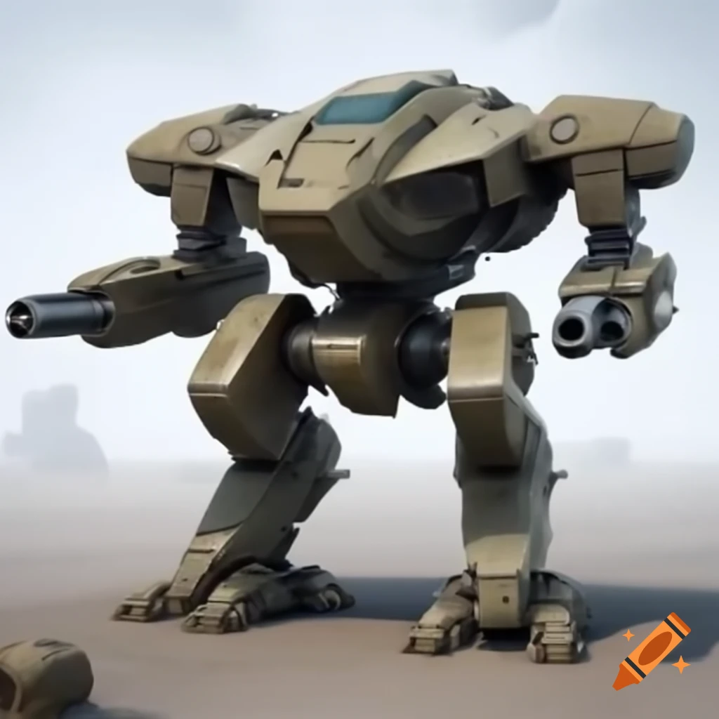 Heavily armored bipedal battle mech with angular and curved design ...