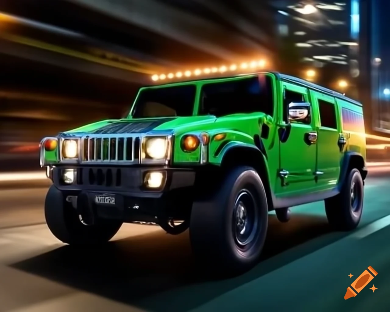 Modified green 2005 H1 Hummer speeding through a city at night on Craiyon