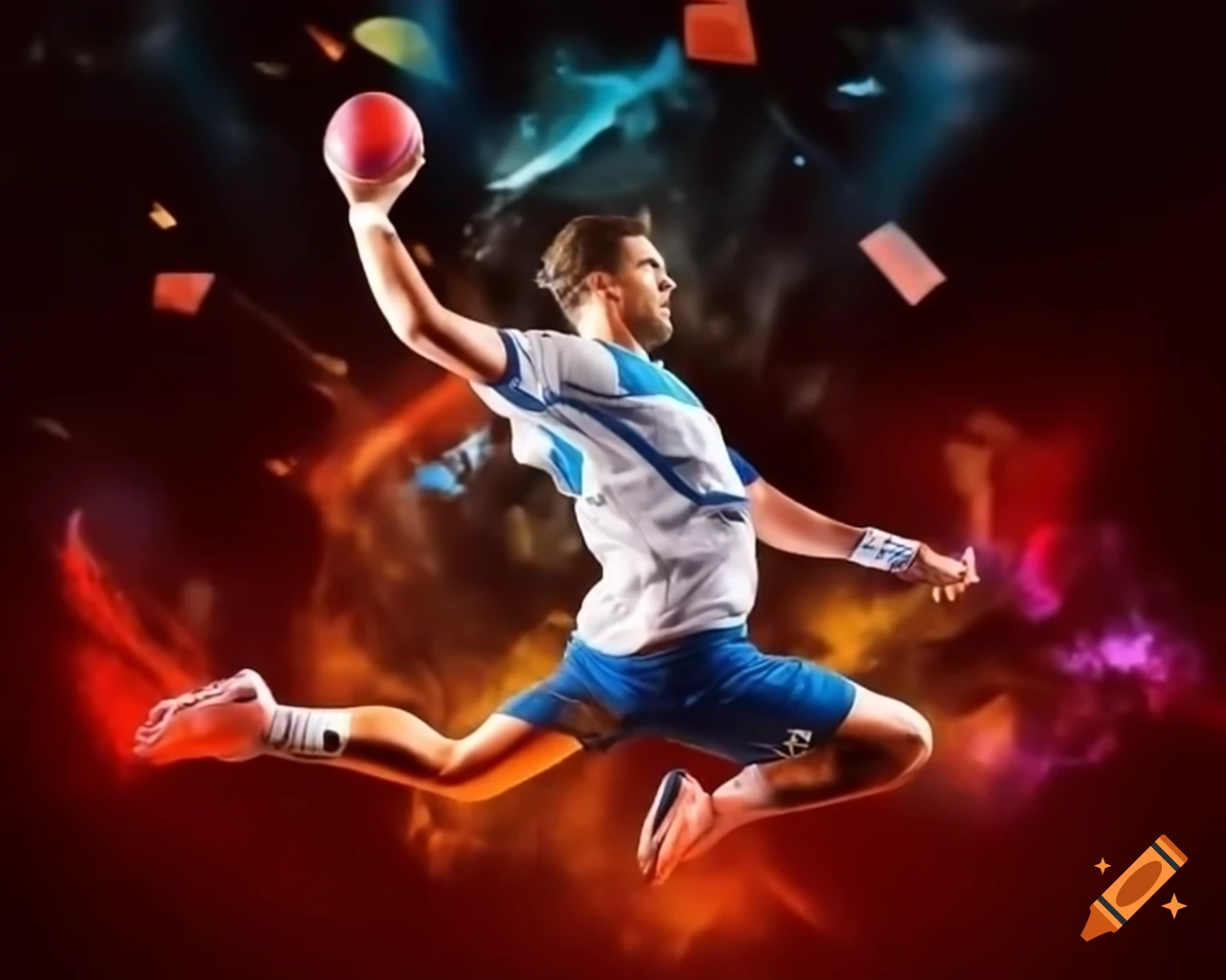 Athletic handball player performing jump shot with colorful backdrop on ...