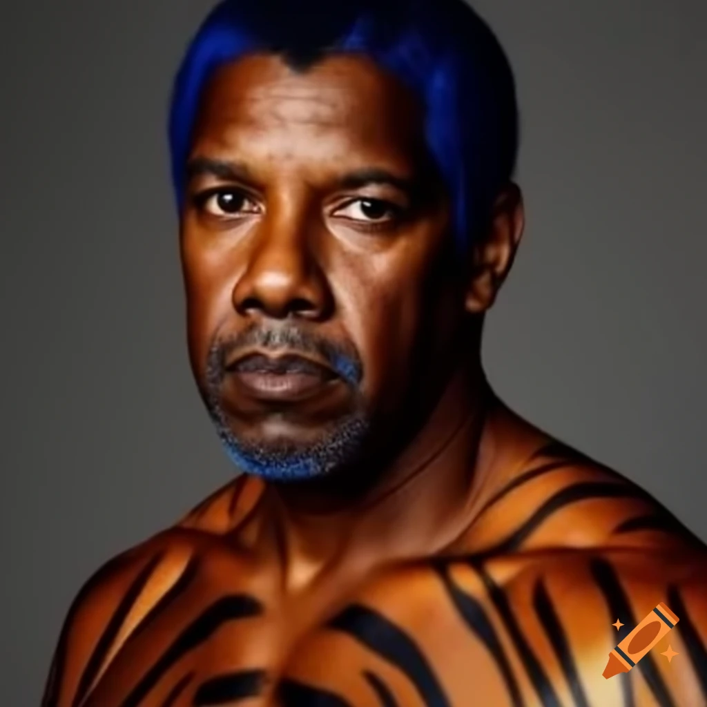 Muscular man with tiger-style makeup featuring blue hair and orange ...