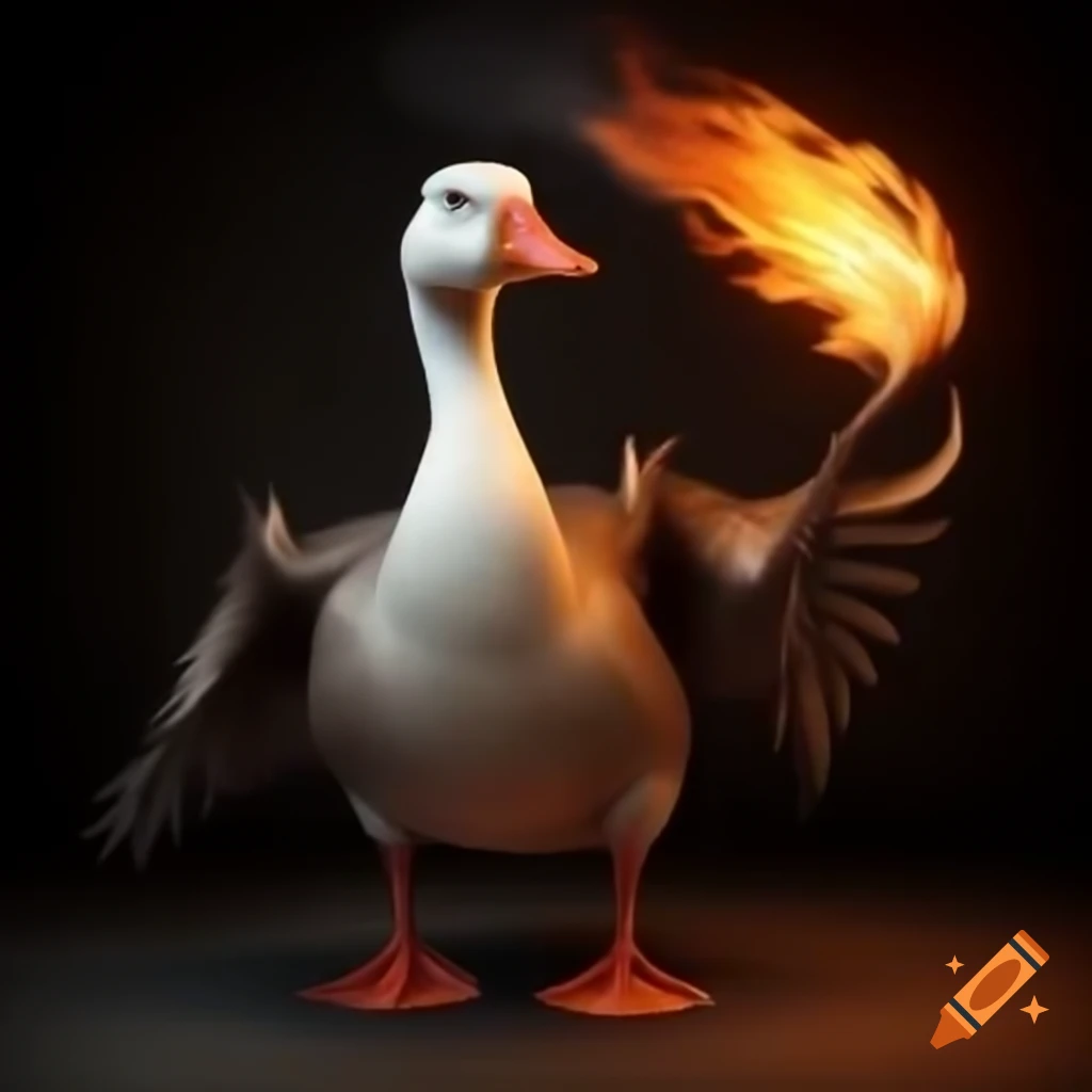 Humorous illustration of a goose with demon-like features and fire ...