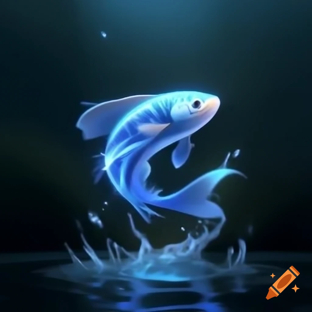 Glowing fish leaping from water in a magical scene on Craiyon