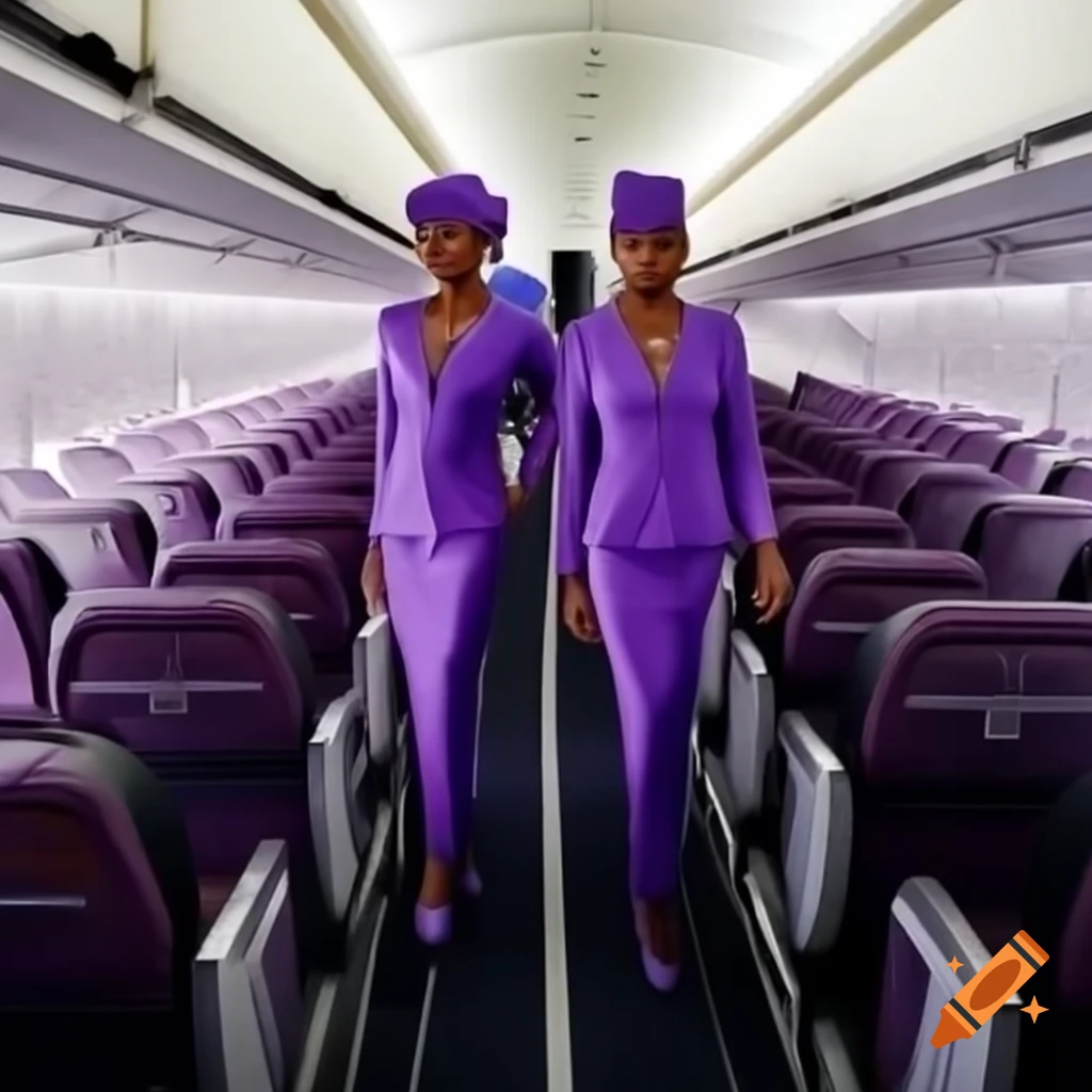 Male and female airline cabin crew in purple dresses inspired by Fly ...