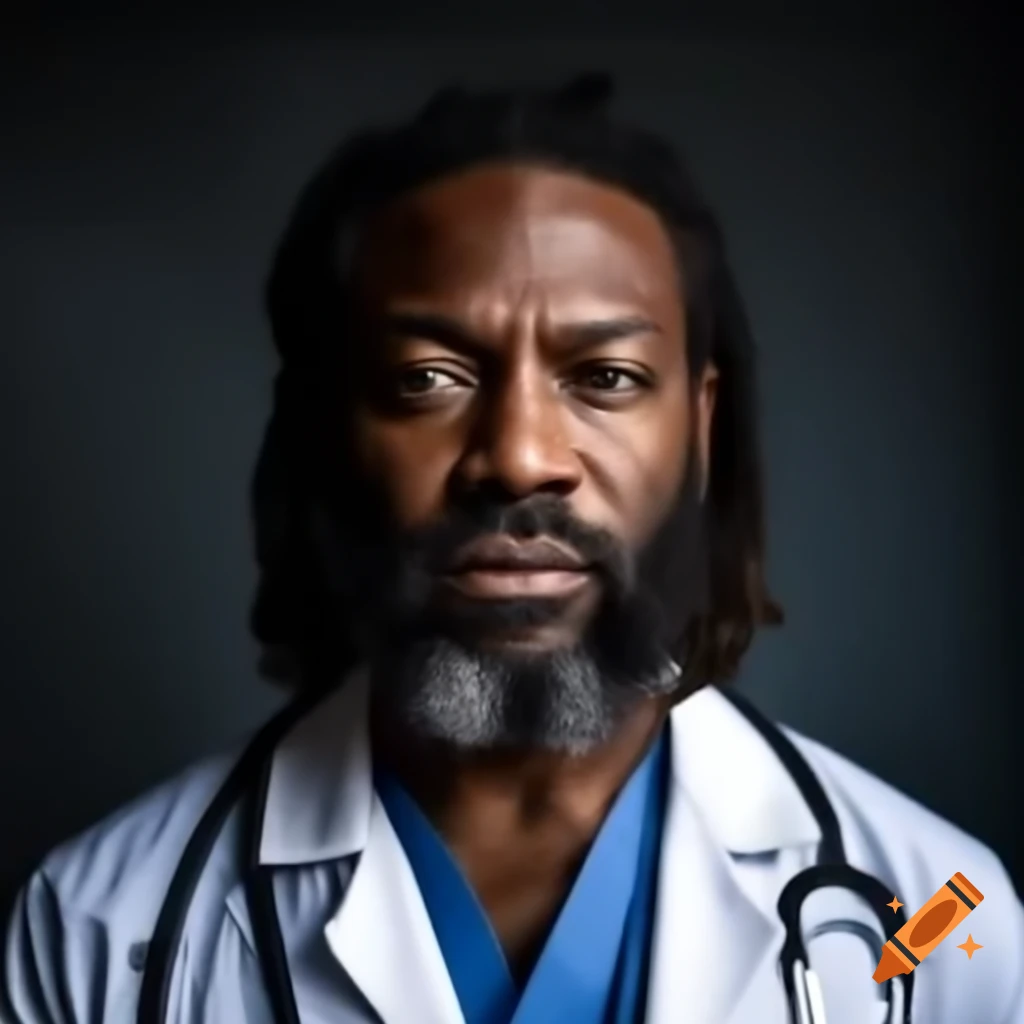 Black male doctor with dreadlocks in lab coat, exuding calm and ...