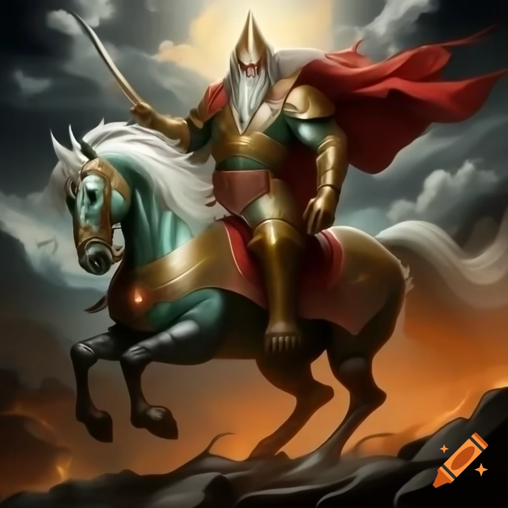 Digital painting of Rostam, mythical hero, riding white horse Rakhsh ...