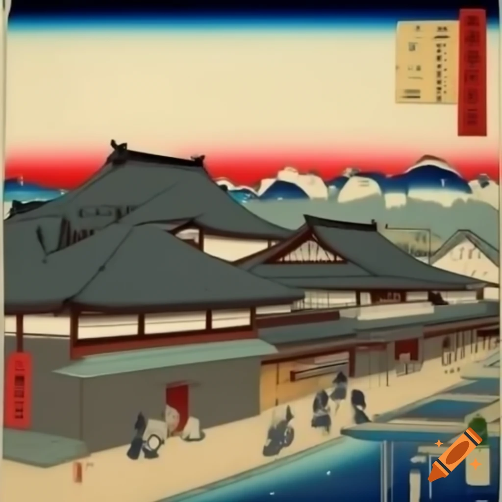 Ukiyo-e style image of Miyamoto Musashi with traditional Japanese structures and mountains on ...