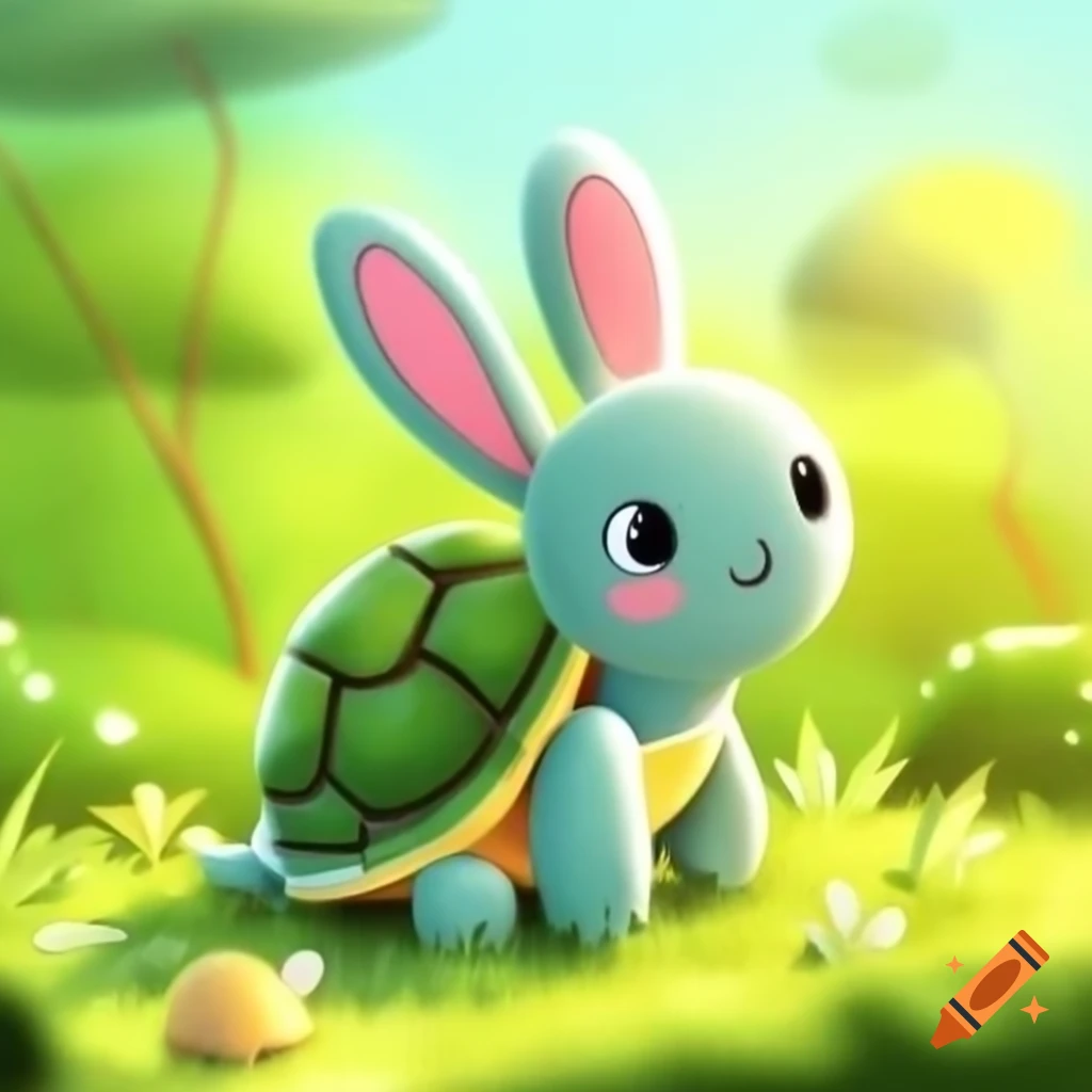 Cute turtle with rabbit ears on grassy patch under bright daylight on ...