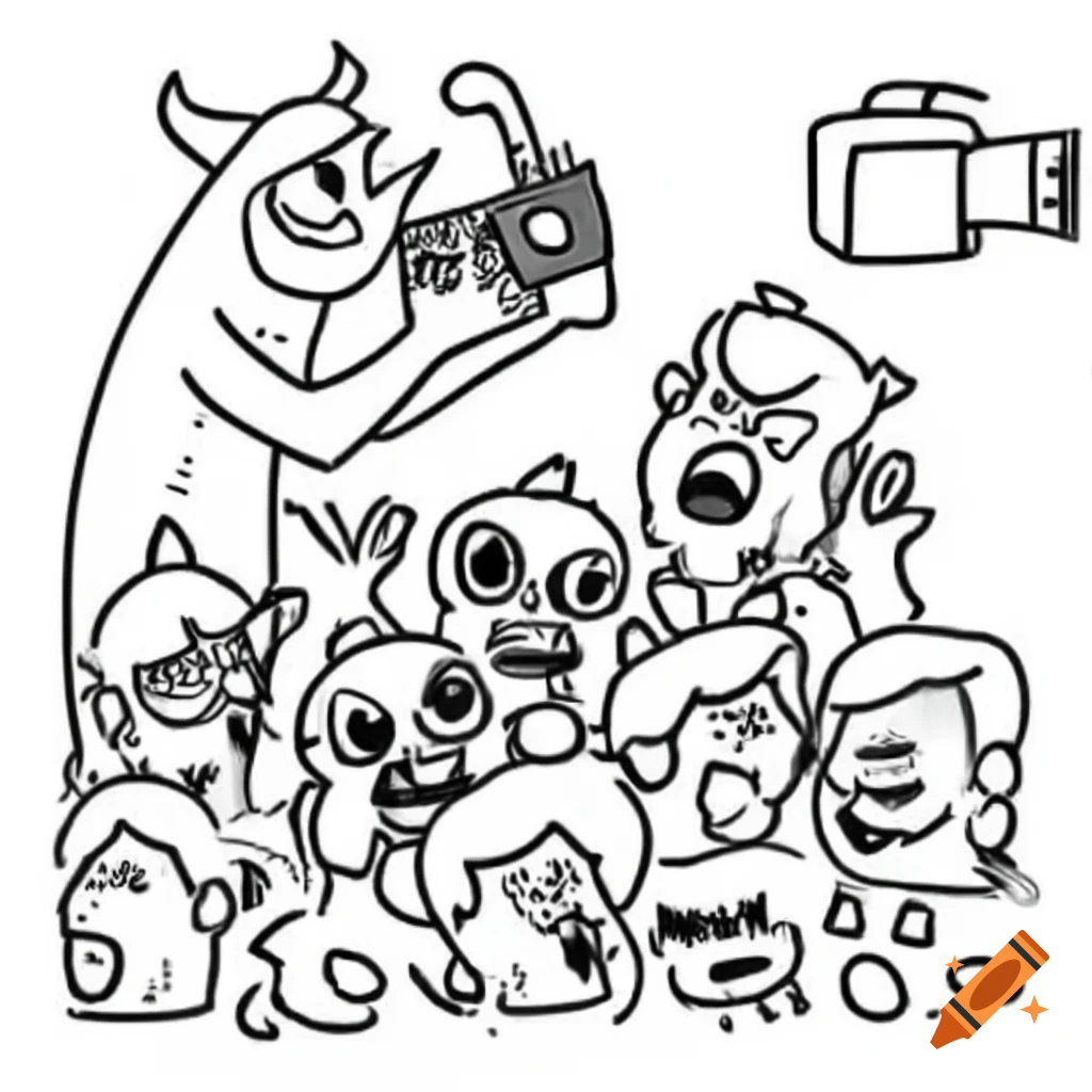 Doodle of monsters taking a picture with a camera on Craiyon