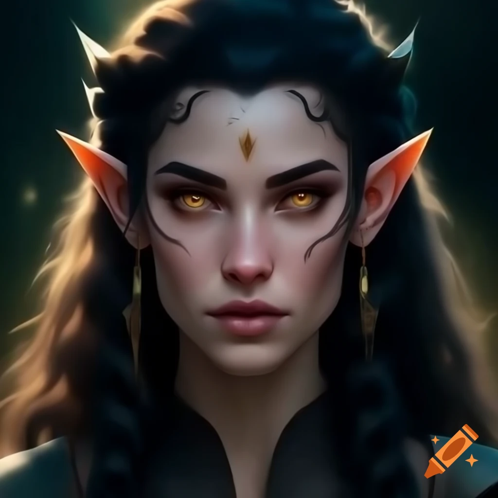 Stunning female elf with dark hair and golden eyes in medieval fantasy ...