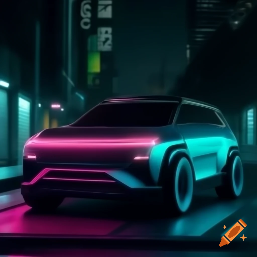 Futuristic compact SUV under neon lights in urban night setting on Craiyon
