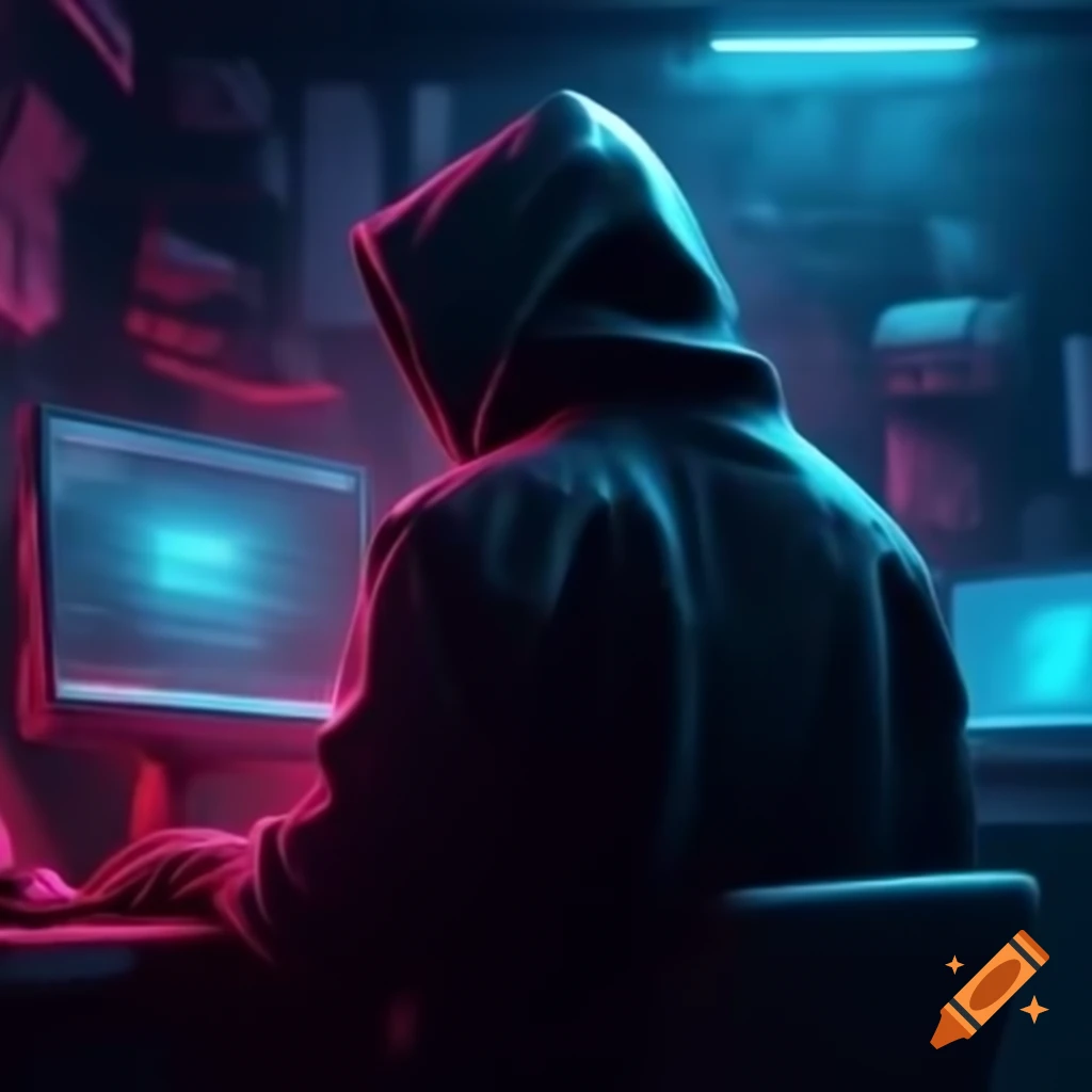 Hacker at computer with dark blue and red glow in cyberpunk style on ...