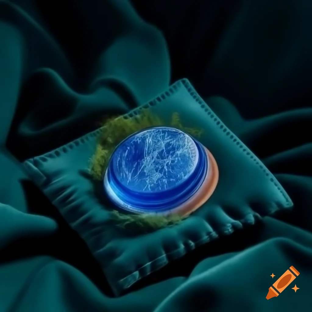 Blue crystalline coin on a velvet pillow on Craiyon