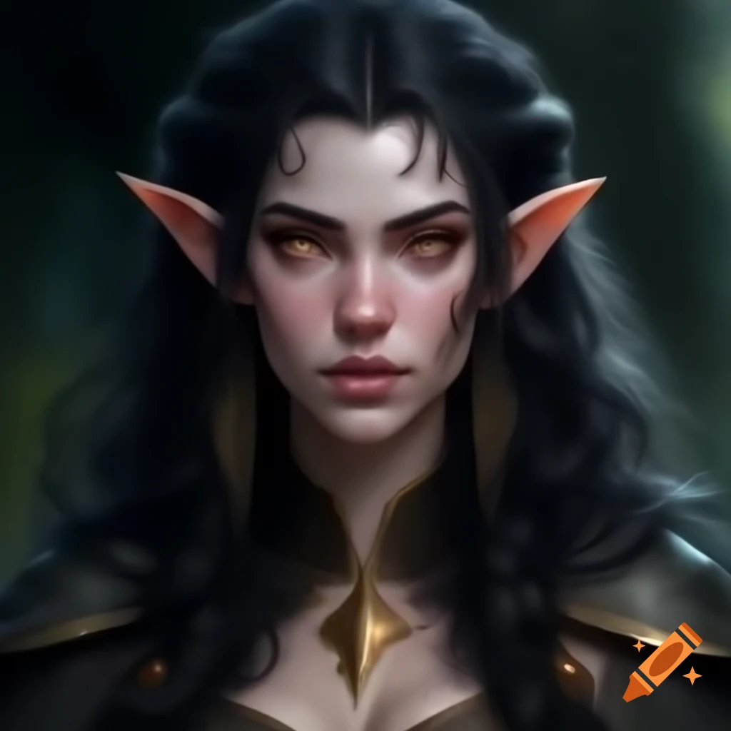 Stunning female elf with dark hair and golden eyes in medieval fantasy ...