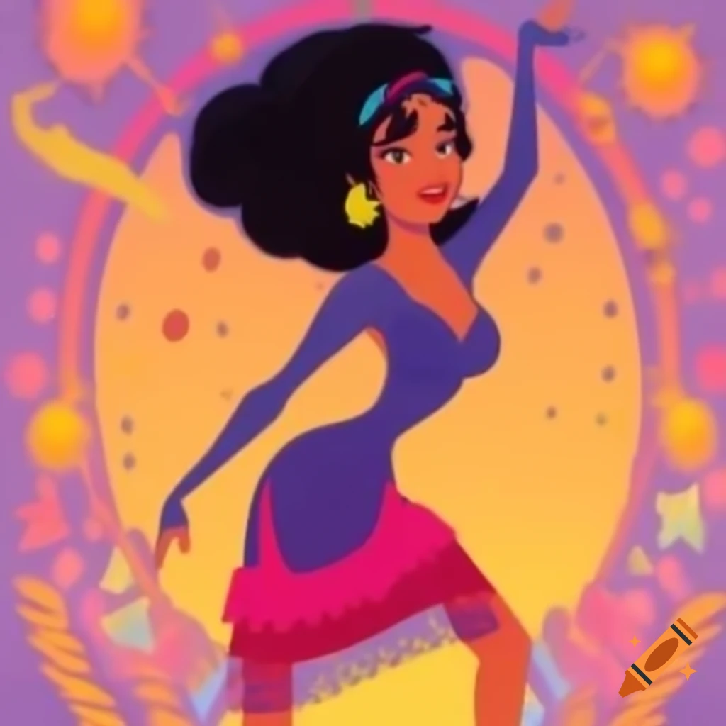 Selena Quintanilla dancing in Disney Pixar style cartoon on Craiyon