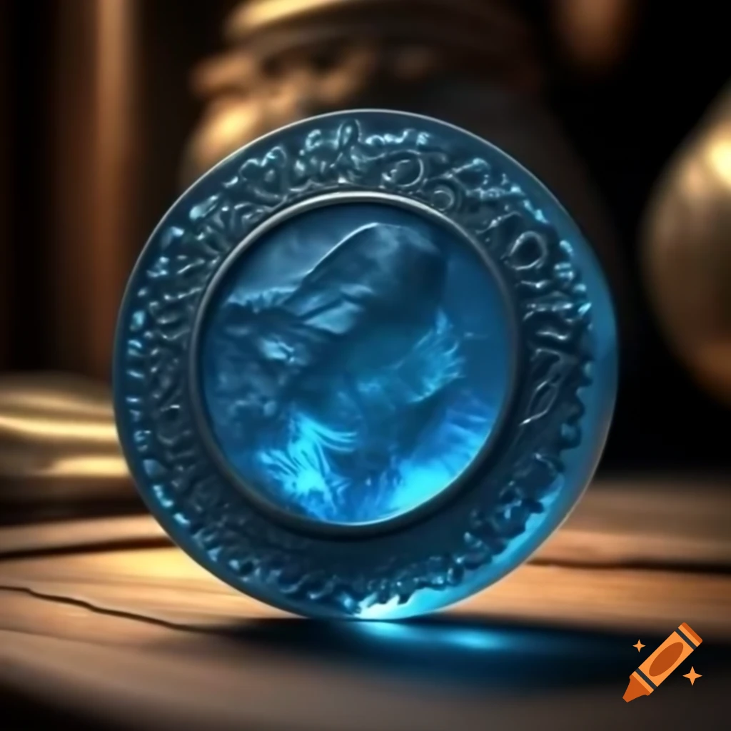 Elaborately-carved blue crystalline coin on wooden surface ...