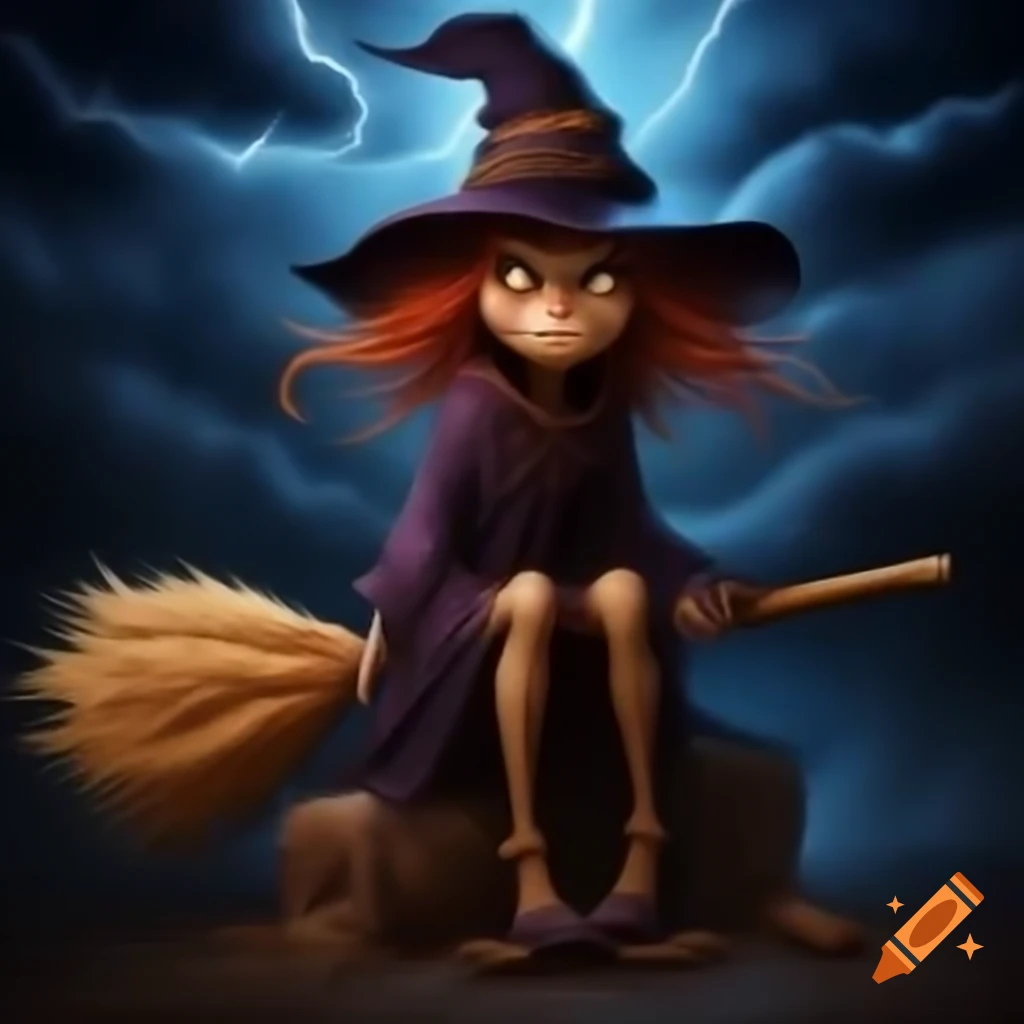 Angry witch on broomstick against thunderstorm and lightning on Craiyon