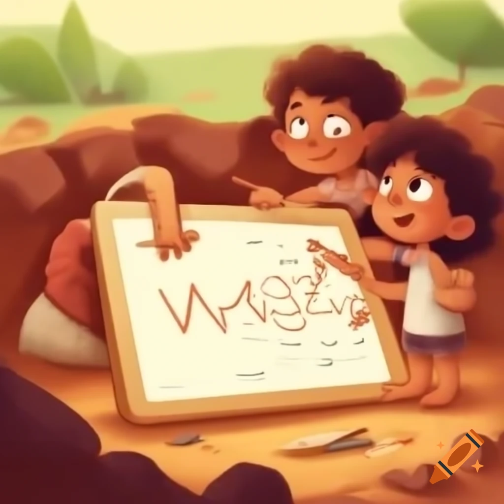 Children discovering clay tablet with mathematical operations at ...