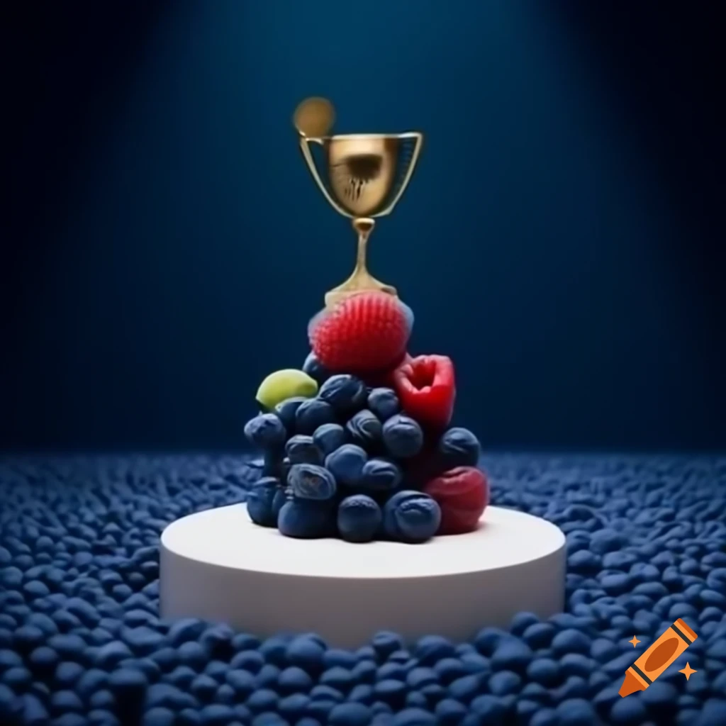 Competitive fruits podium with blueberry, grapes, cherries, and ...