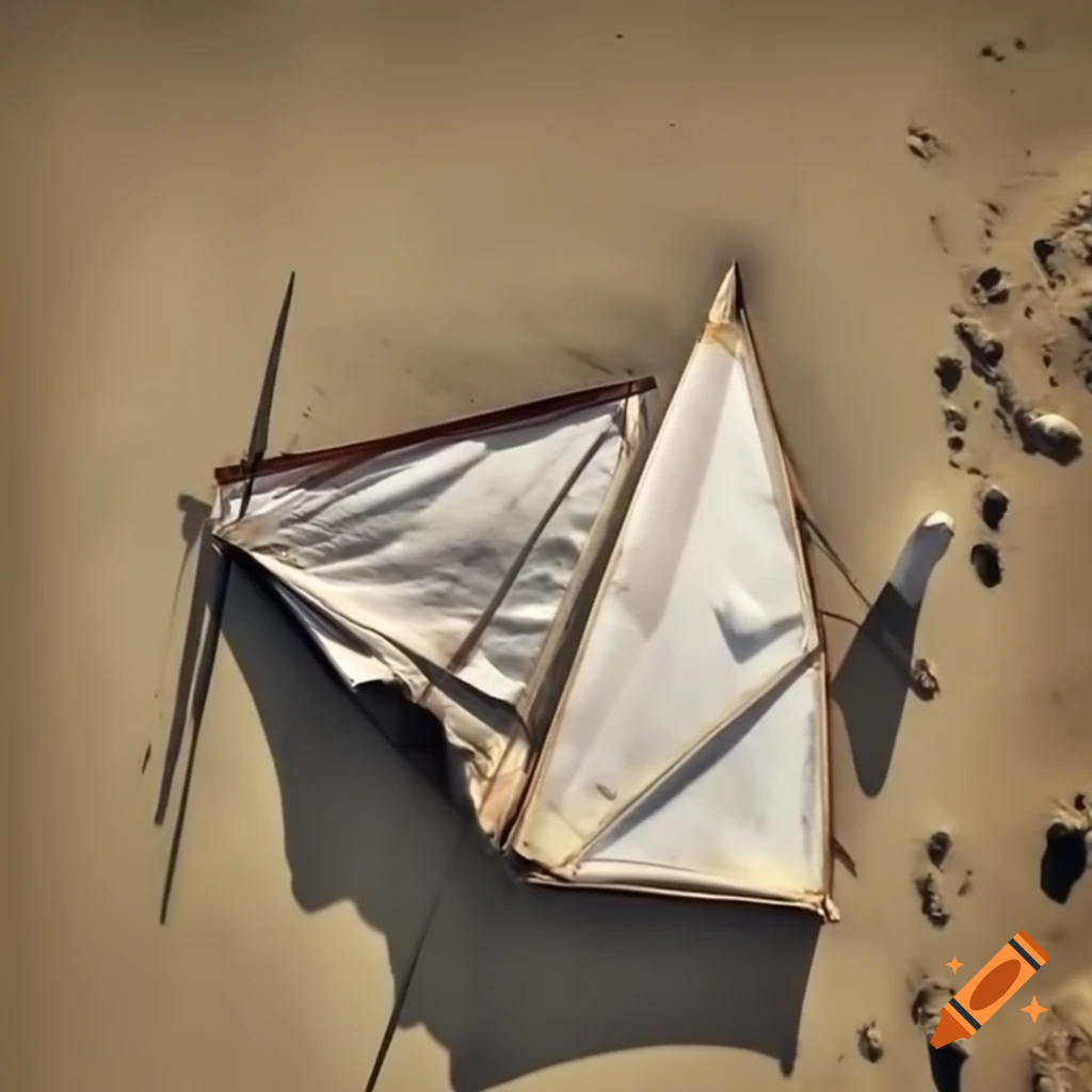 Crumpled abandoned sail on beach with sand covering edges, aerial view ...