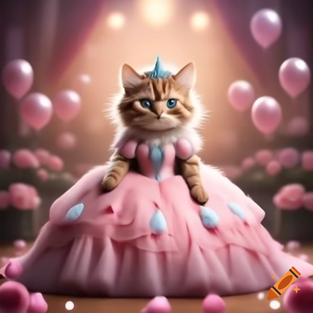 Fluffy cat in pink quinceañera dress with tiara on a throne surrounded ...