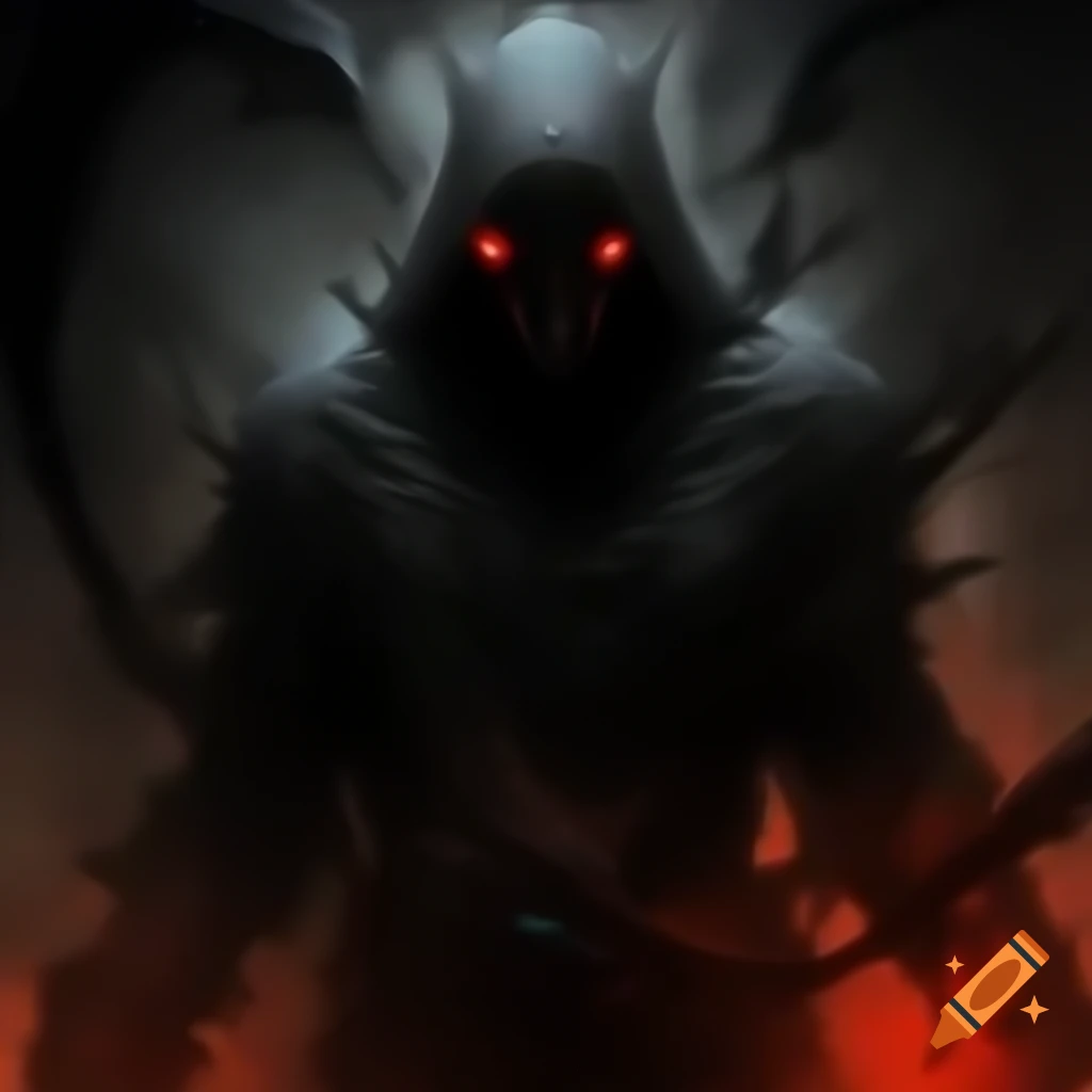 Dark corrupted character engulfed in black mist with glowing red eyes ...