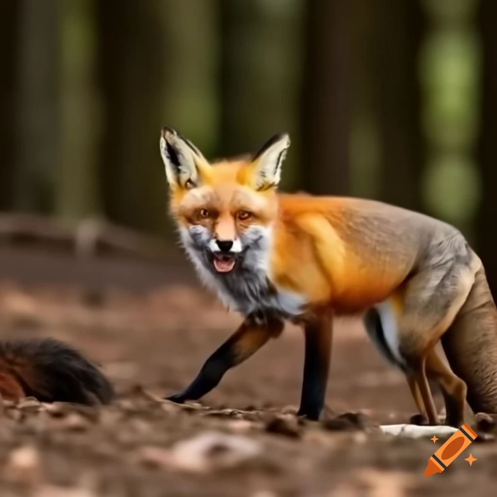Thin hungry fox wandering in South Asian countryside near forest on Craiyon