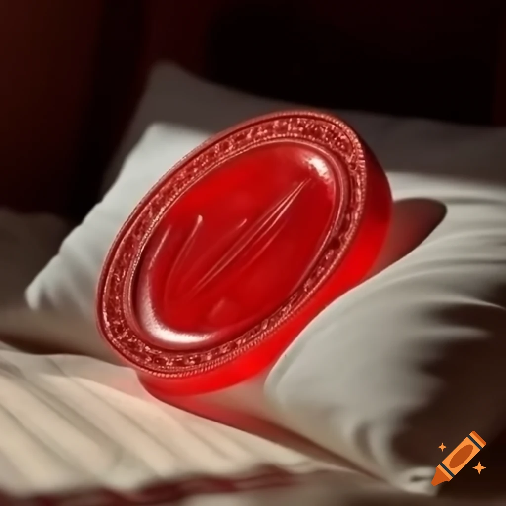 Red crystalline coin on embroidered pillow, photorealistic on Craiyon