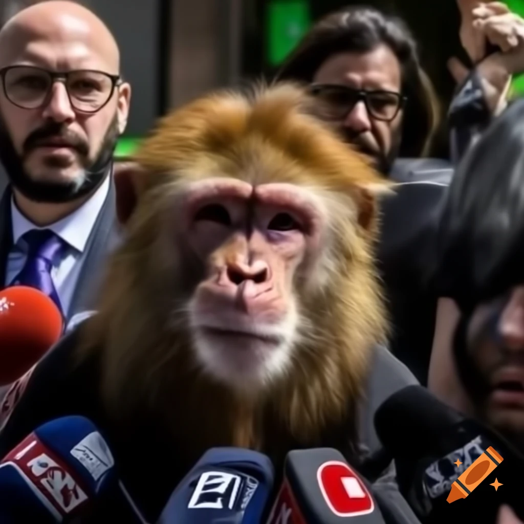 Whimsical scene of lions protesting and monkeys giving interviews in a ...