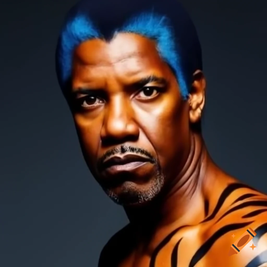 Muscular man with tiger makeup featuring blue hair and orange skin with ...