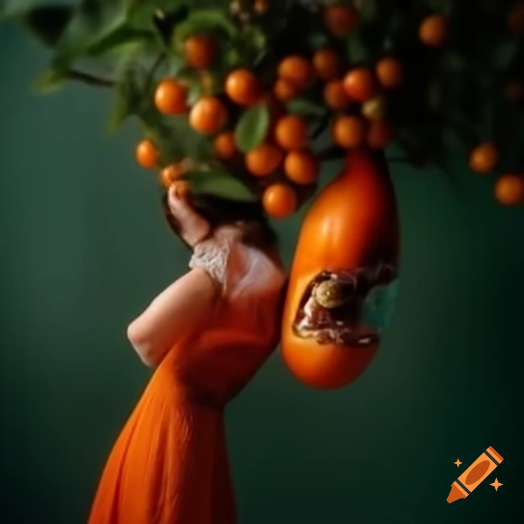 Woman transforming into an orange fruit tree monster in time-lapse on ...