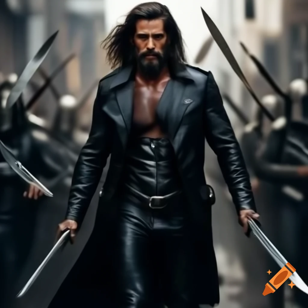 Man with long hair in leather trench coat walking with scimitar blades ...