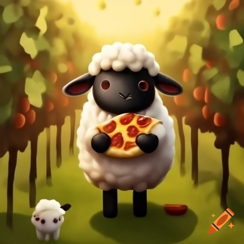 Black sheep in vineyard eating pizza with pepperoni raining down on Craiyon