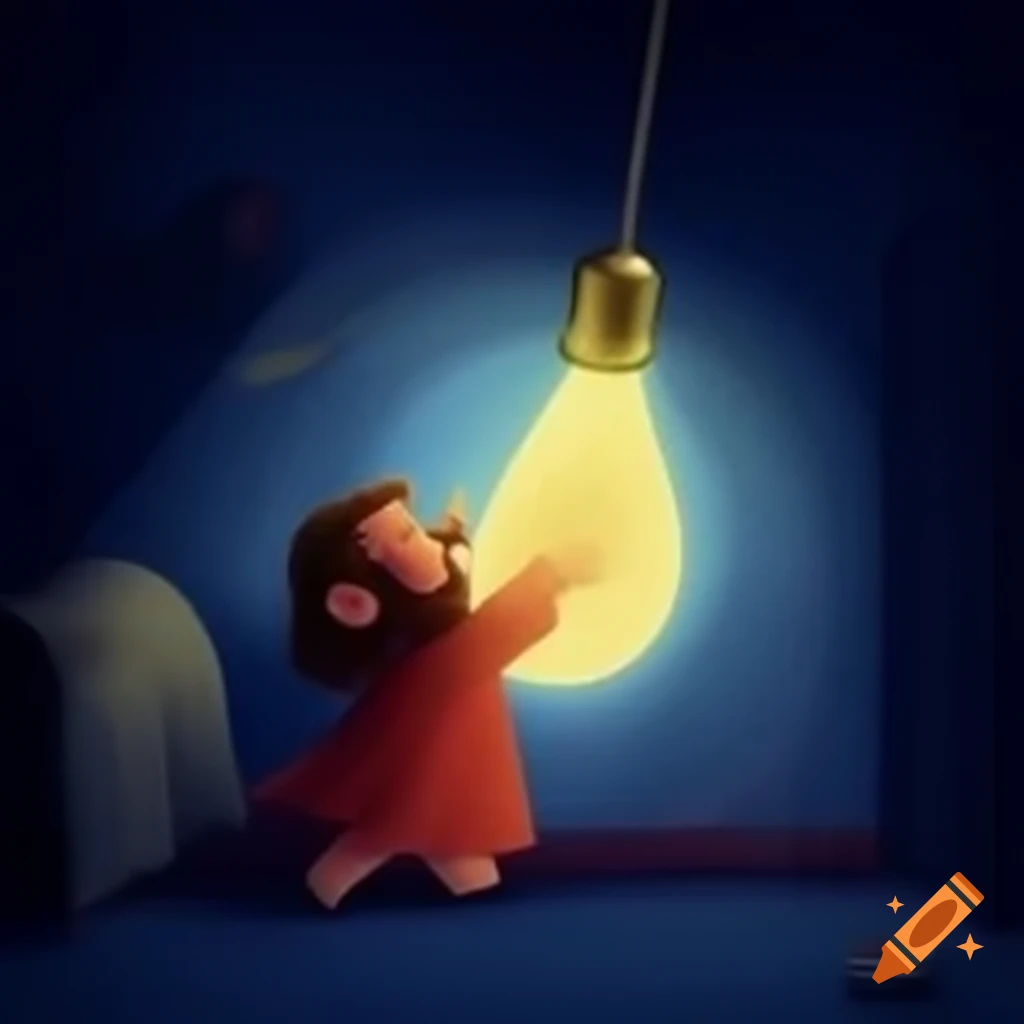 Cartoon depicting Jesus as the light of the world in a dark room on Craiyon