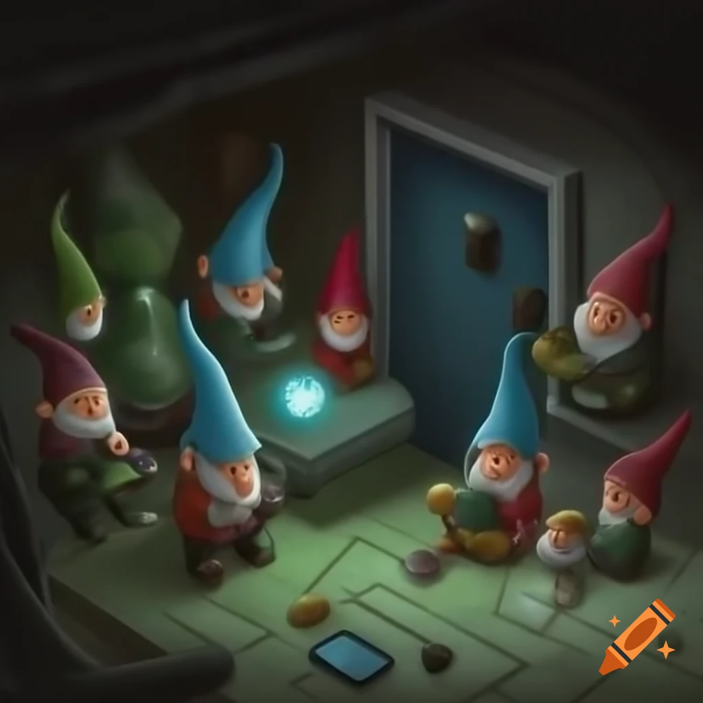 Seven gnomes engaged in an escape room challenge on Craiyon