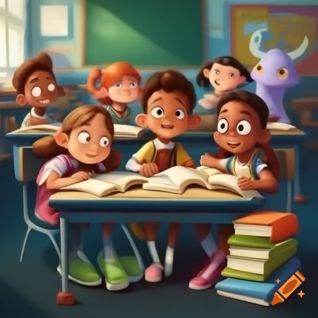 Children reading books in colorful classroom, learning about adventures ...