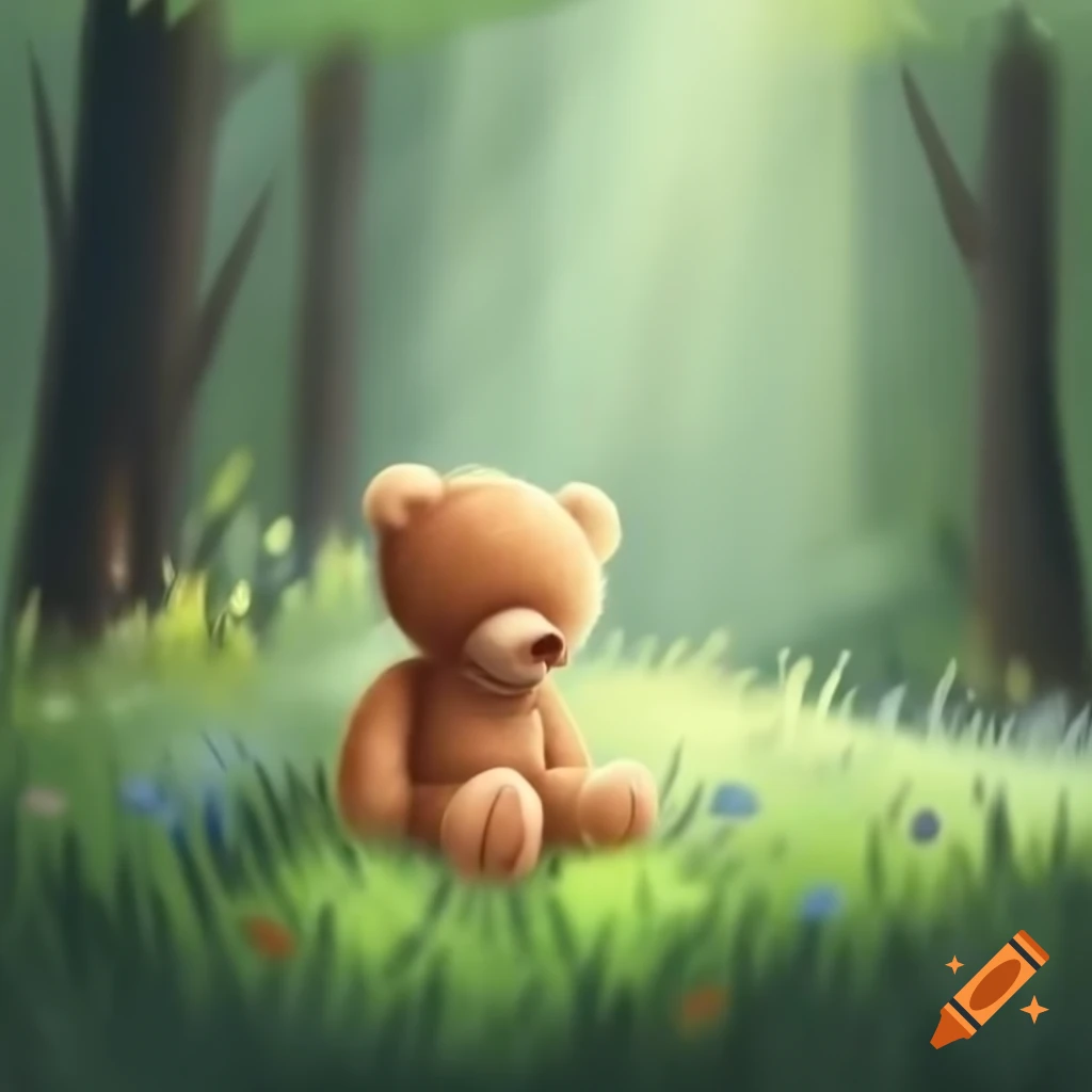 Baby elf holding teddy bear in sunny forest clearing with windy ...
