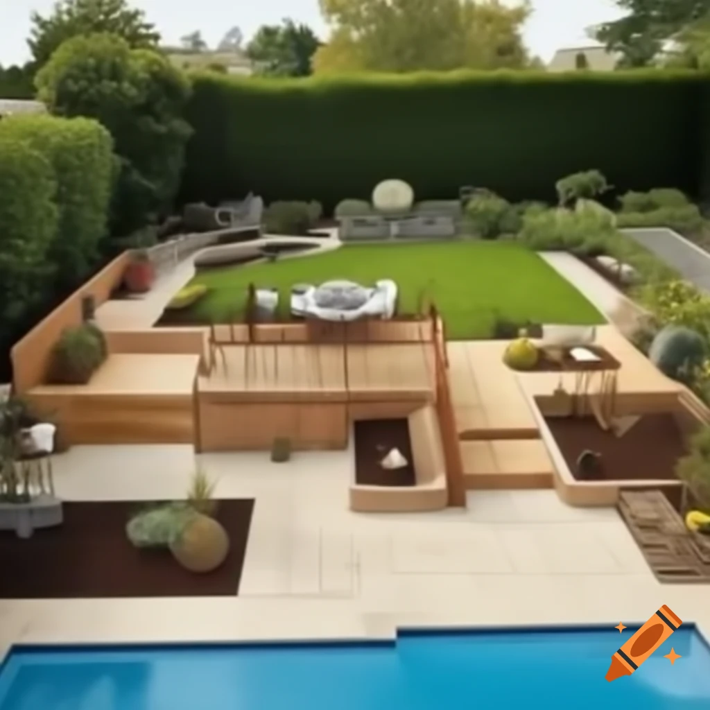 Multi-level garden design featuring seating area and BBQ on first level ...