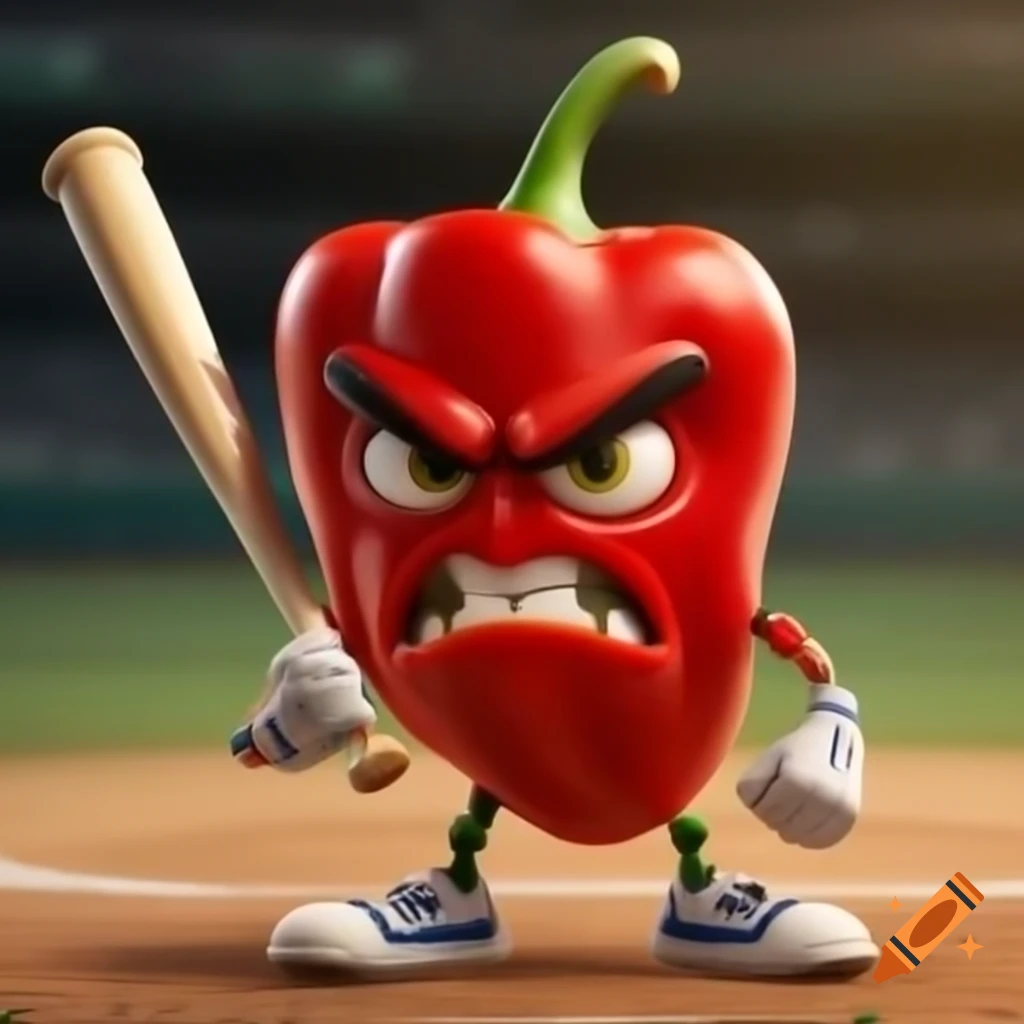 Angry red jalapeño pepper dressed in baseball uniform holding a bat on ...