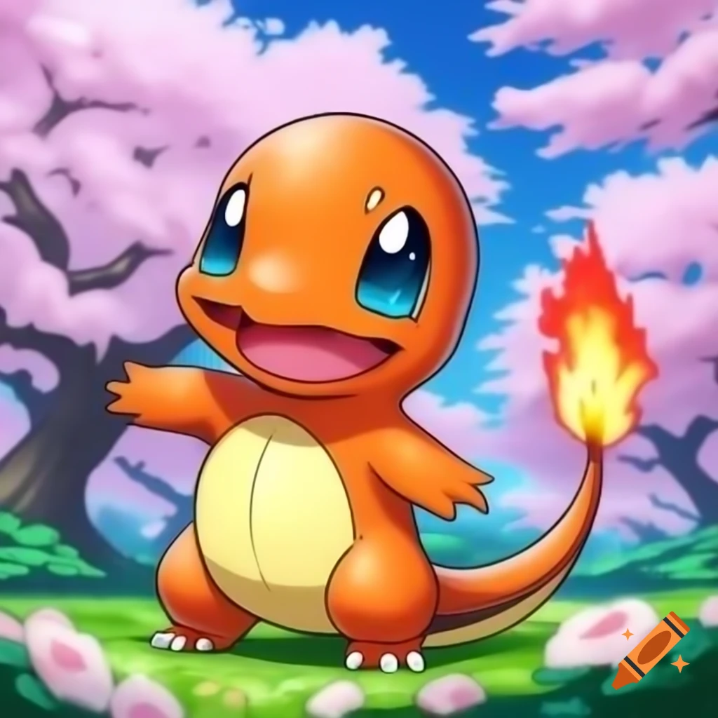 Charmander among blooming cherry blossom trees on Craiyon